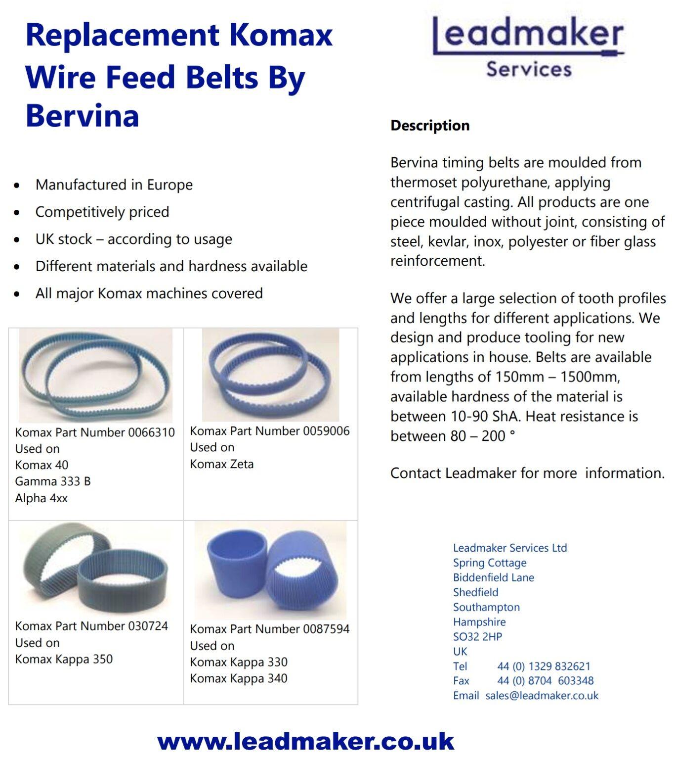 Komax belts by Bervina - Leadmaker Services